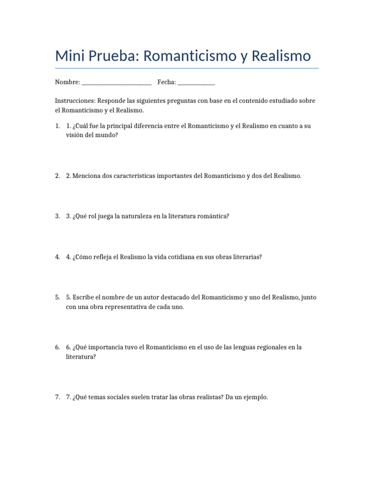 Mini Prueba Romanticismo Realismo | PDF