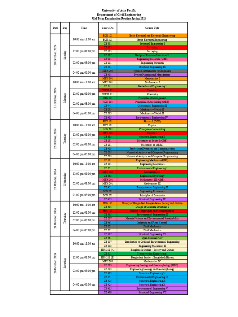 Mid Term Examination Routine BSC - Spring 2024 | PDF | Engineering ...