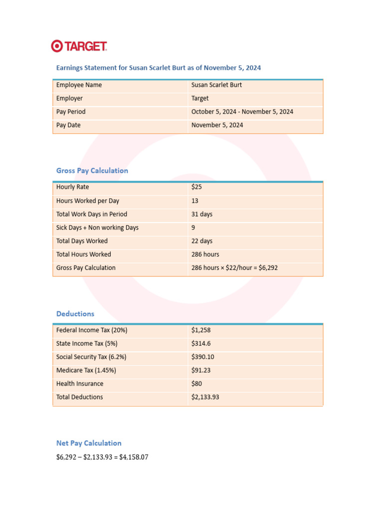 Earnings Statement For Susan Scarlet Burt As of November 5, 2024 | PDF