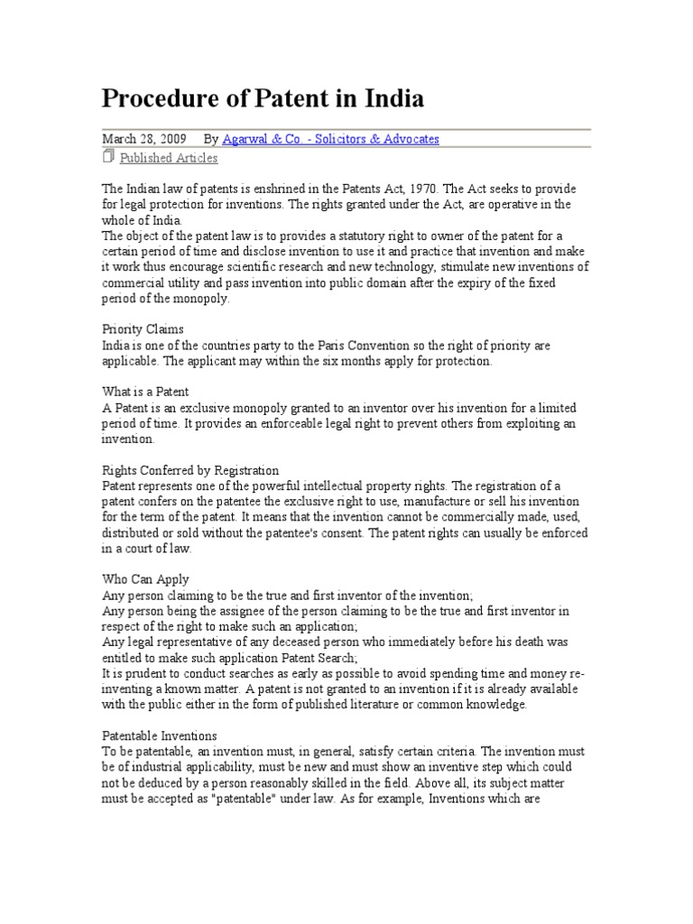 Procedure of Patent in India | PDF | Patent Application | Patent