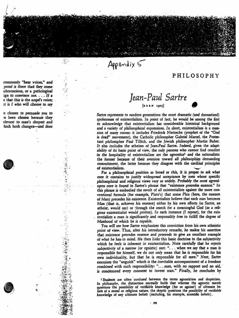 Anna Sharpee - Critical Essay - Sartre Excerpt On Existentialism (With ...
