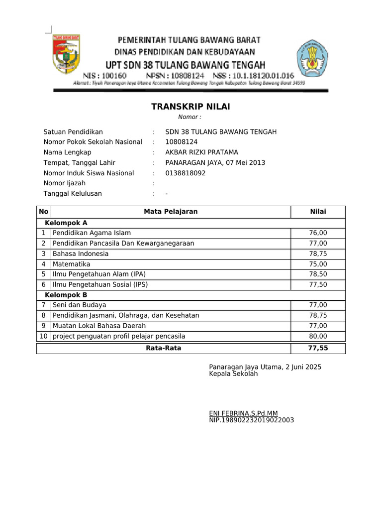 Transkrip - Akbar Rizki Pratama | PDF
