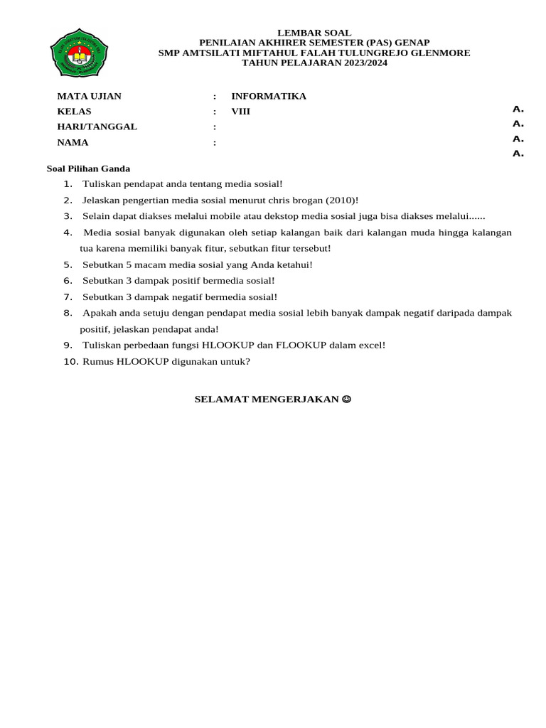 Soal Pas Smp Mifa Informatika Kelas Viii | PDF