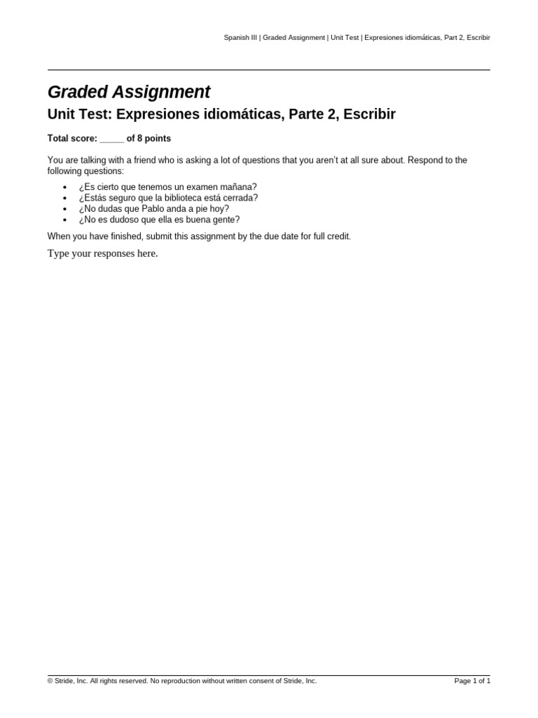 Graded Assignment: Unit Test: Expresiones Idiomáticas, Parte 2 ...
