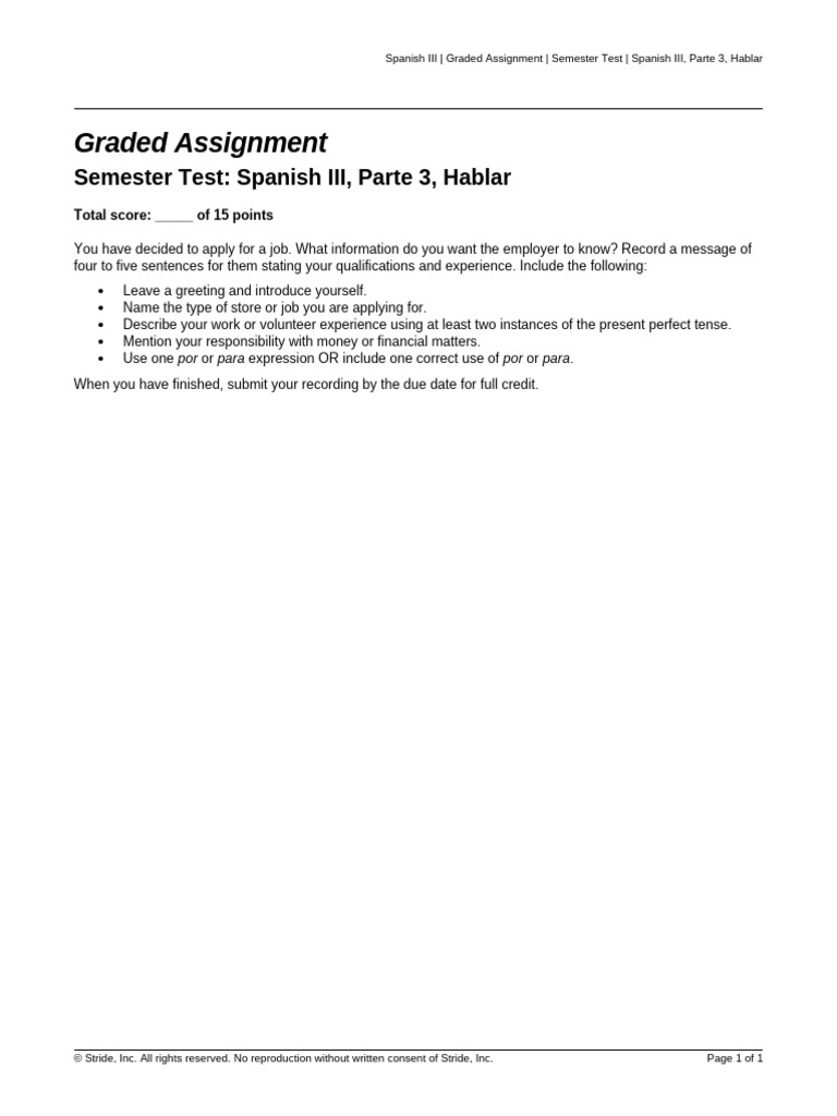 Graded Assignment: Semester Test: Spanish III, Parte 3, Hablar | PDF