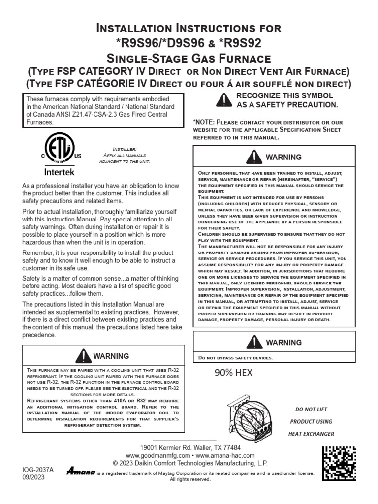 Goodman - GR9S96 - Installation Instructions - IOG-2037A - 09-2023 ...