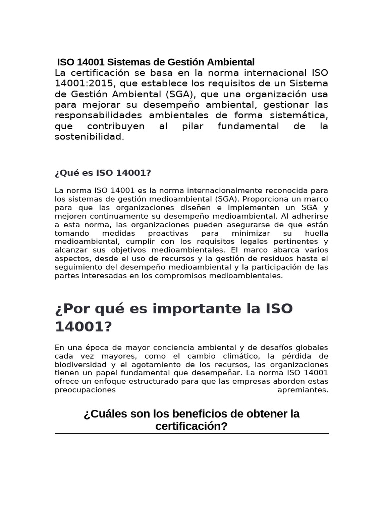 ISO 14001 Sistemas de Gestión Ambiental | PDF