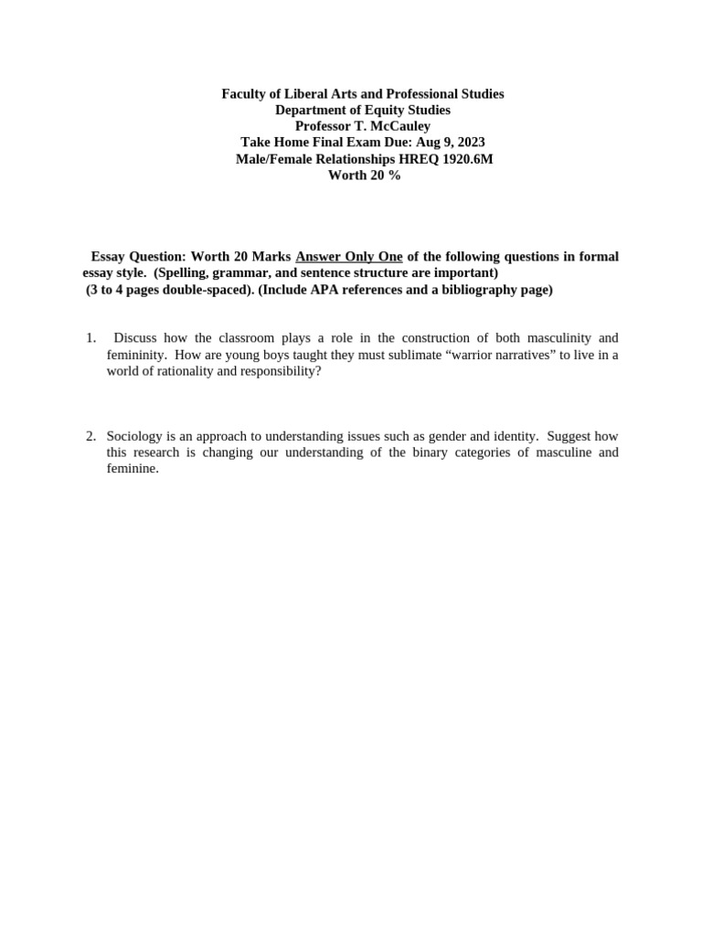 Gender Male Female Final Take Home Exam 23SU | PDF