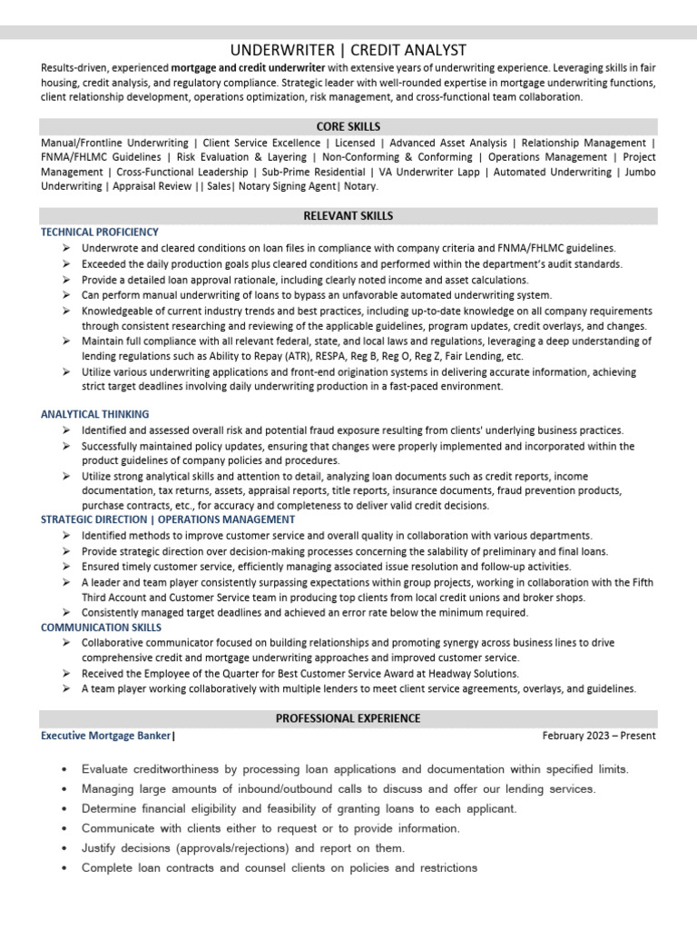 2023 Updated Professional Resume 2023-1-2-3 | PDF | Underwriting | Loans