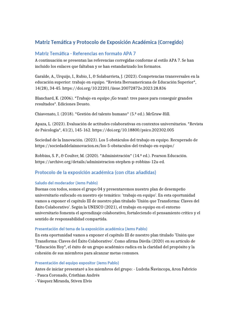 Matriz Tematica y Protocolo Exposicion Corregido | PDF | Aprendizaje