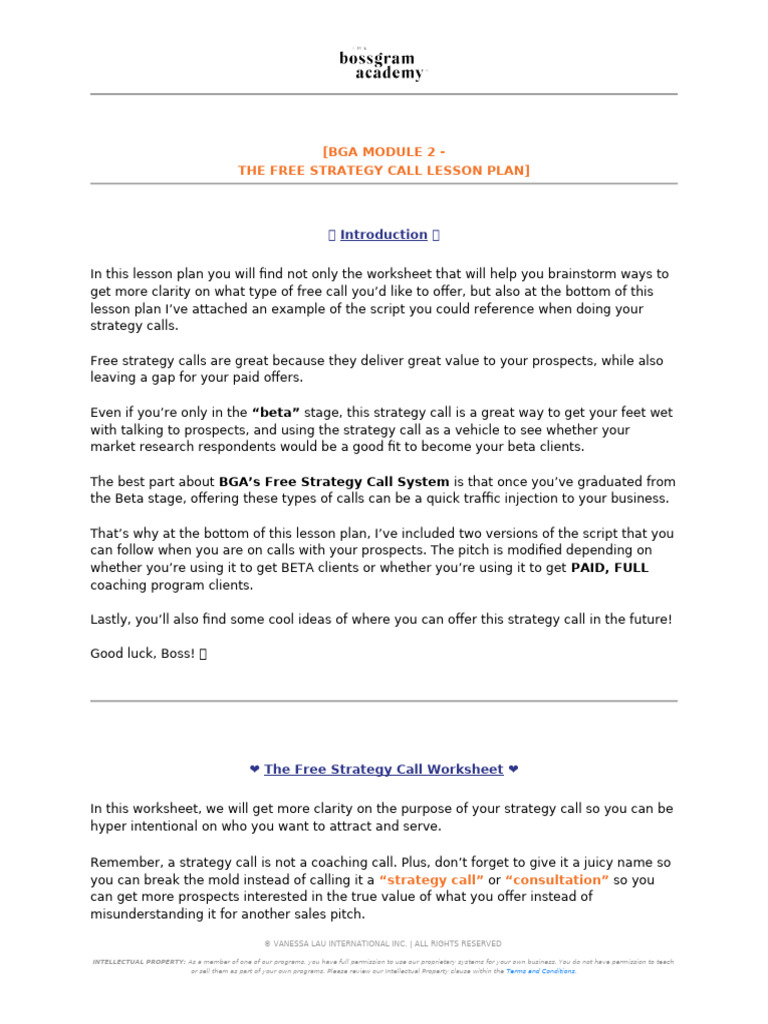 (BGA Module 2) - The Free Strategy Call Lesson Plan | PDF