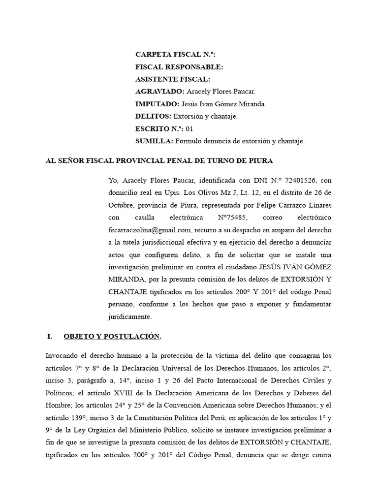 Denuncia por Extorsión y Chantaje en Piura | PDF | Extorsión | Derecho ...
