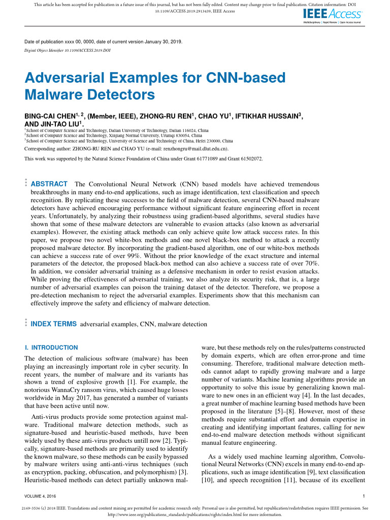 Adversarial Examples For Cnn Based Malware Detecto Pdf Malware Machine Learning