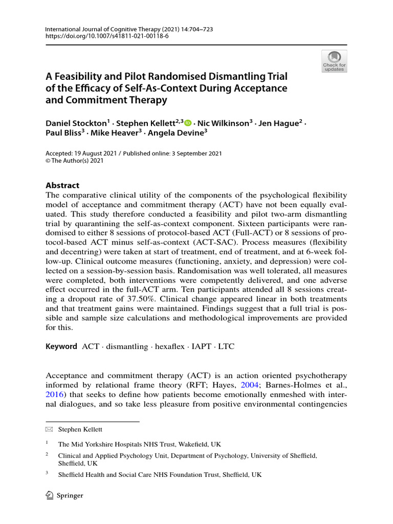 A Feasibility and Pilot Randomised Dismantling Trial of The Efficacy of Self-As-Context During ...