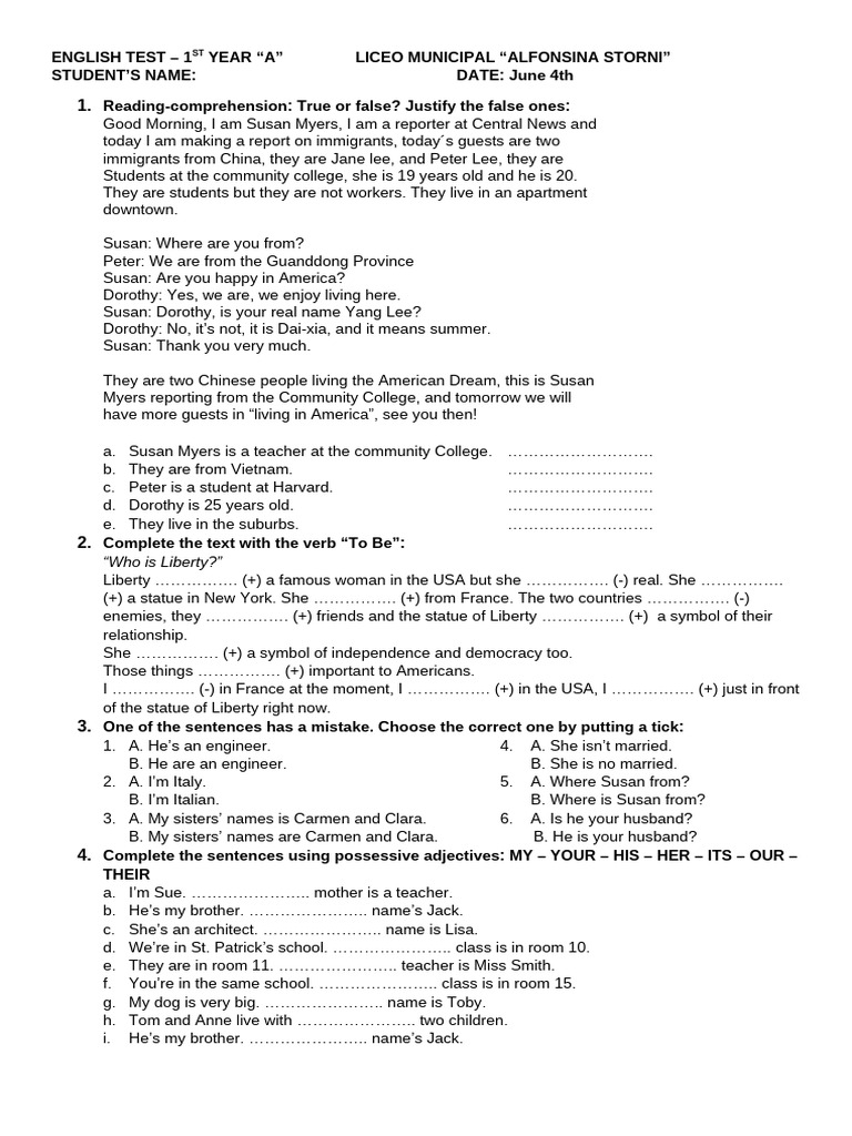 1st Year English Test: Reading & Grammar | PDF