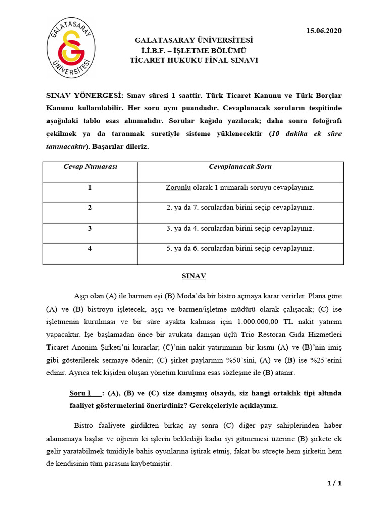 İİBF Ticaret Hukuku 2019-2020 Final Sınavı | PDF