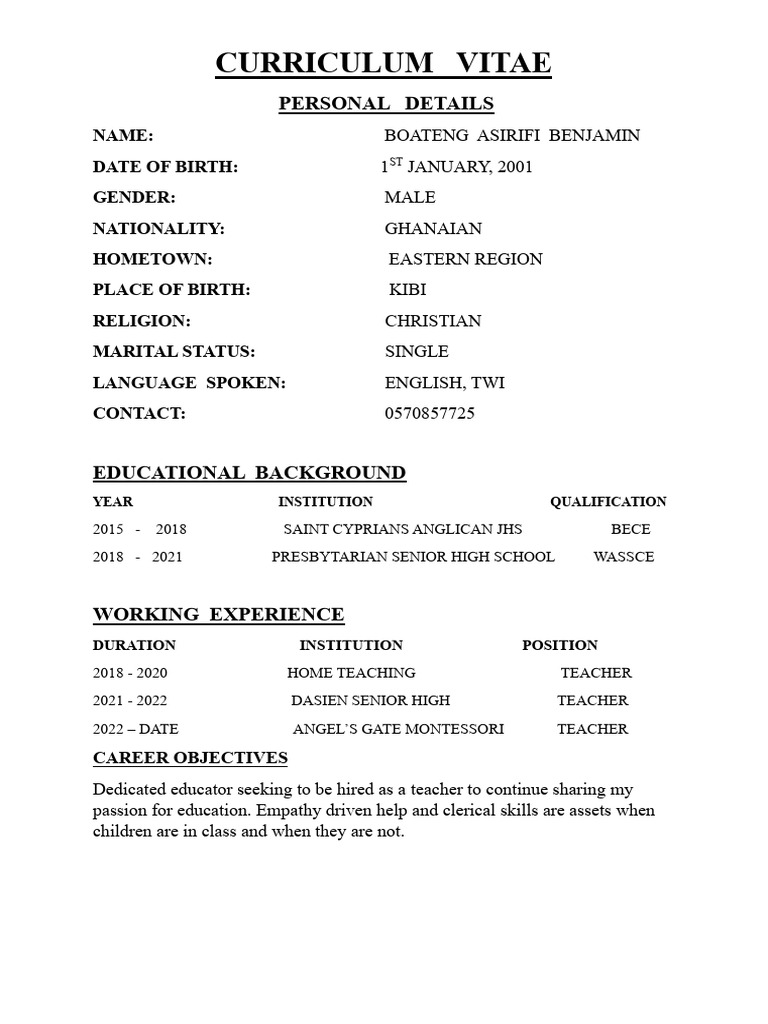 Ghanaian Teacher CV - Boateng Asirifi | PDF