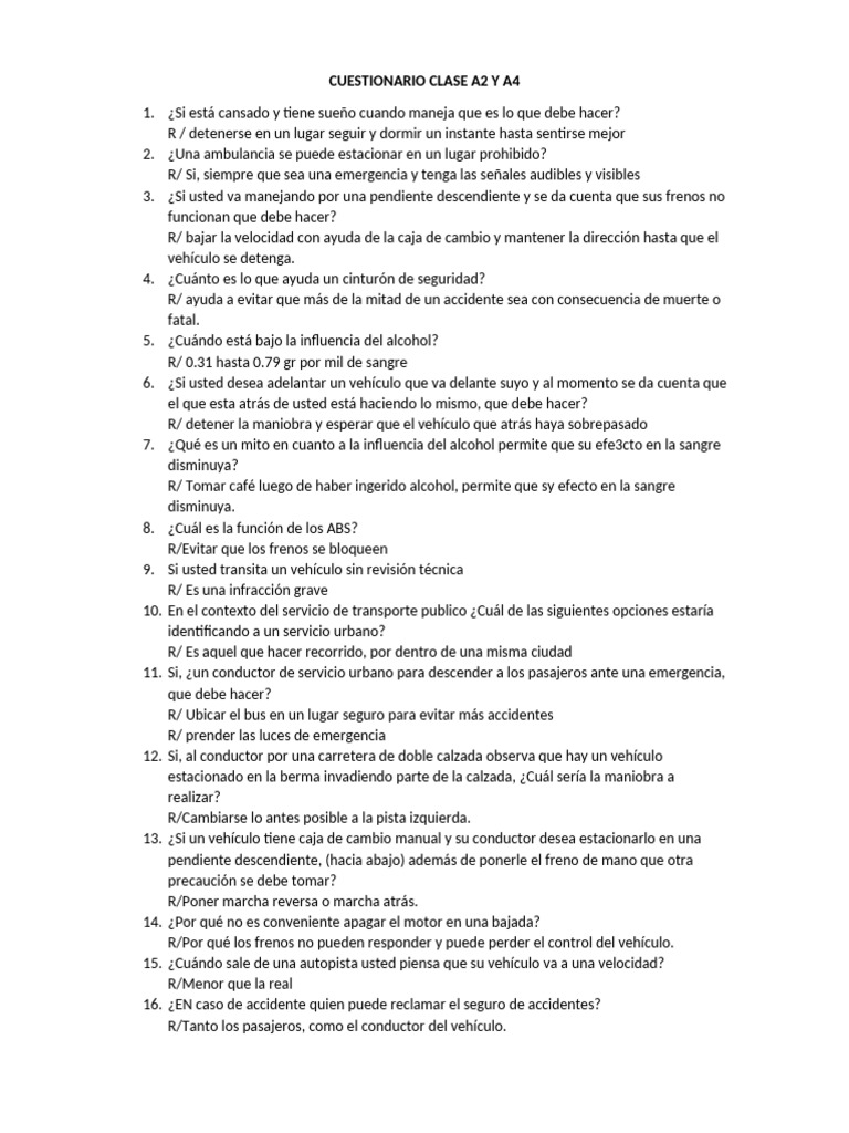 Cuestionario Clase A2 y A4 | PDF | Tráfico | Autobús