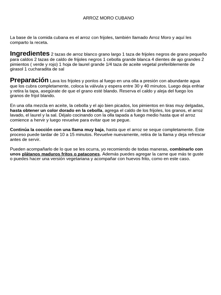 Receta de Arroz Moro Cubano | PDF | Caldo | Arroz