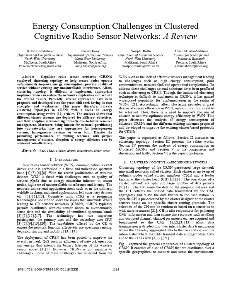 Energy Consumption Challenges in Clustered Cognitive Radio Sensor Networks a Review | PDF ...