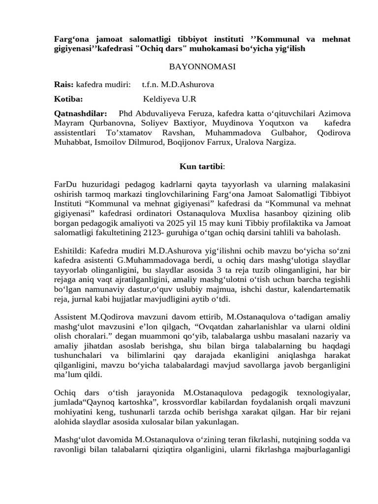 Ochiq Dars Bayonnomasi | PDF