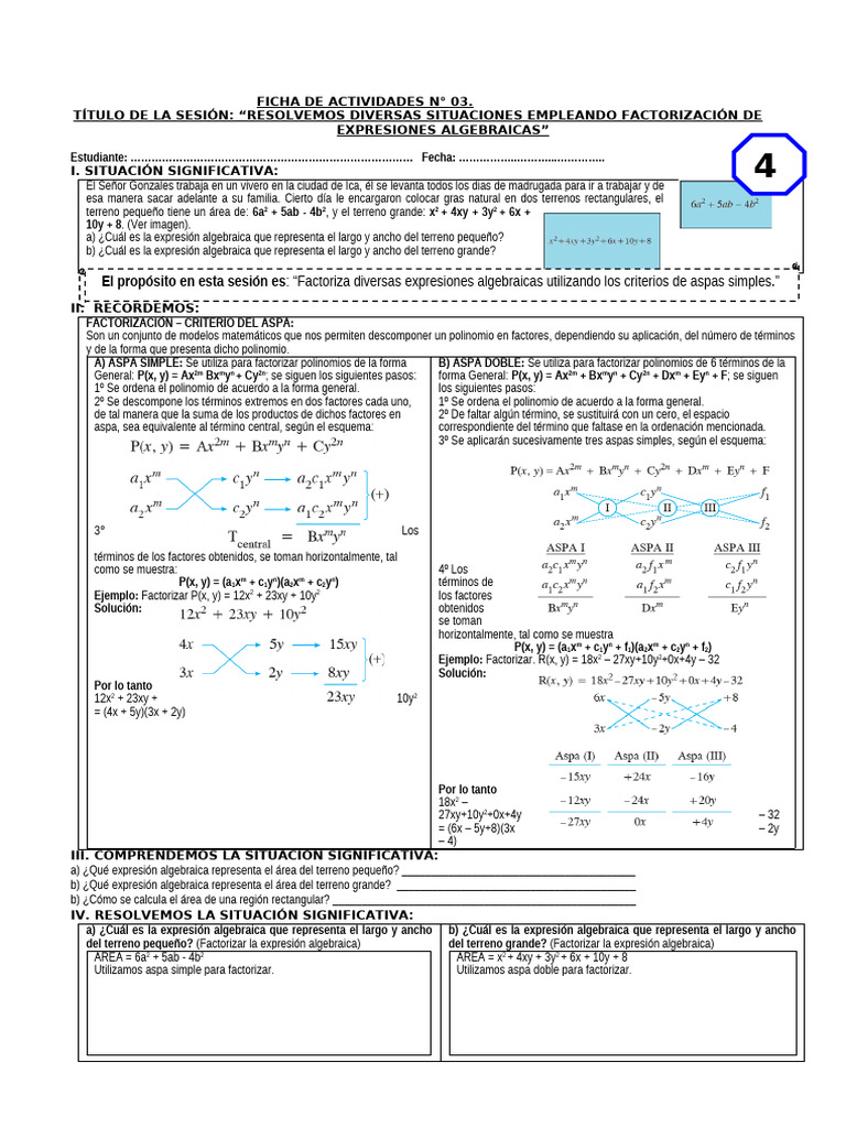 FICHA 3.1- 4TO - EDA3 FACTORIZACION | PDF | Matemáticas | Álgebra