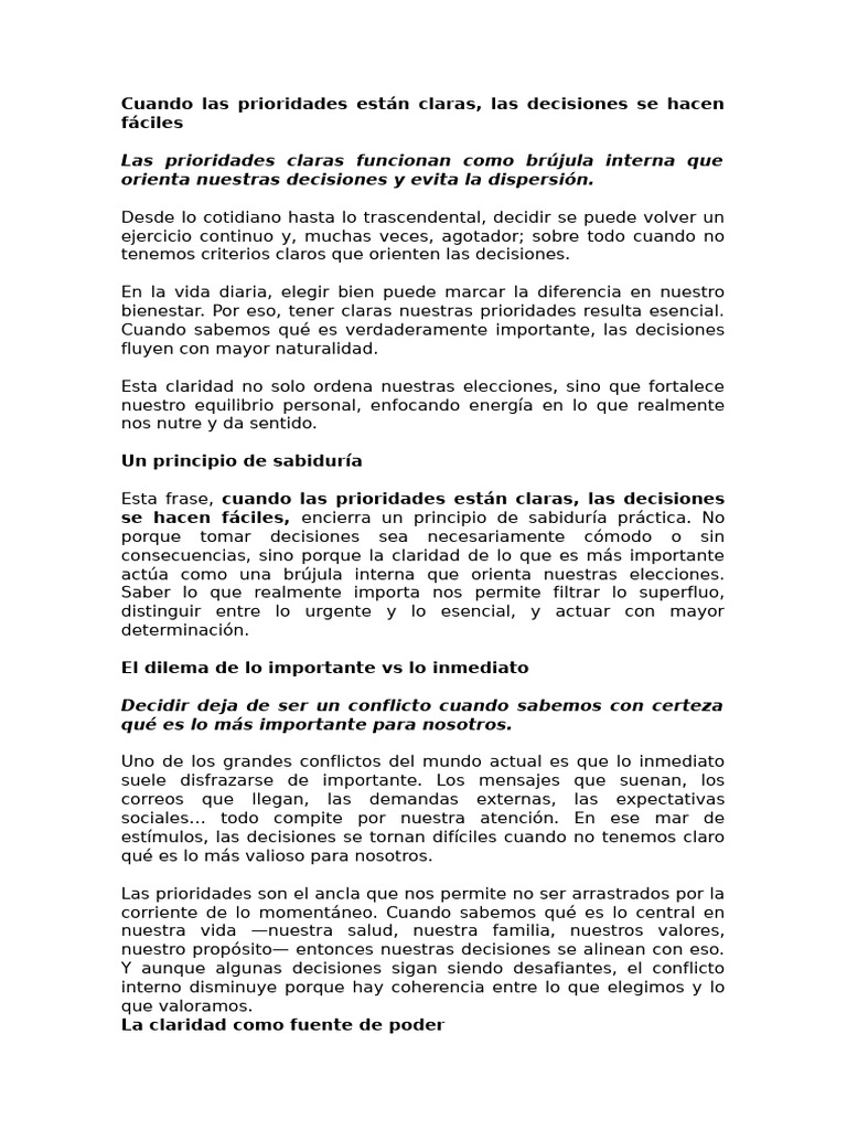 Cuando Las Prioridades Están Claras Las Decisiones Son Fáciles | PDF