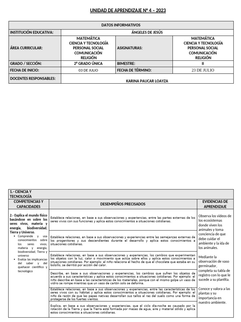 01 Julio Unidad de Aprendizaje #4 - 2023 | PDF | Aprendizaje