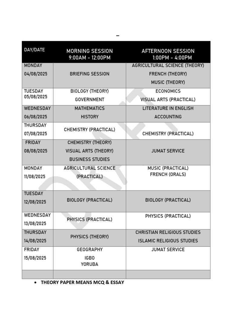 2025 Examination Timetable - Draft | PDF