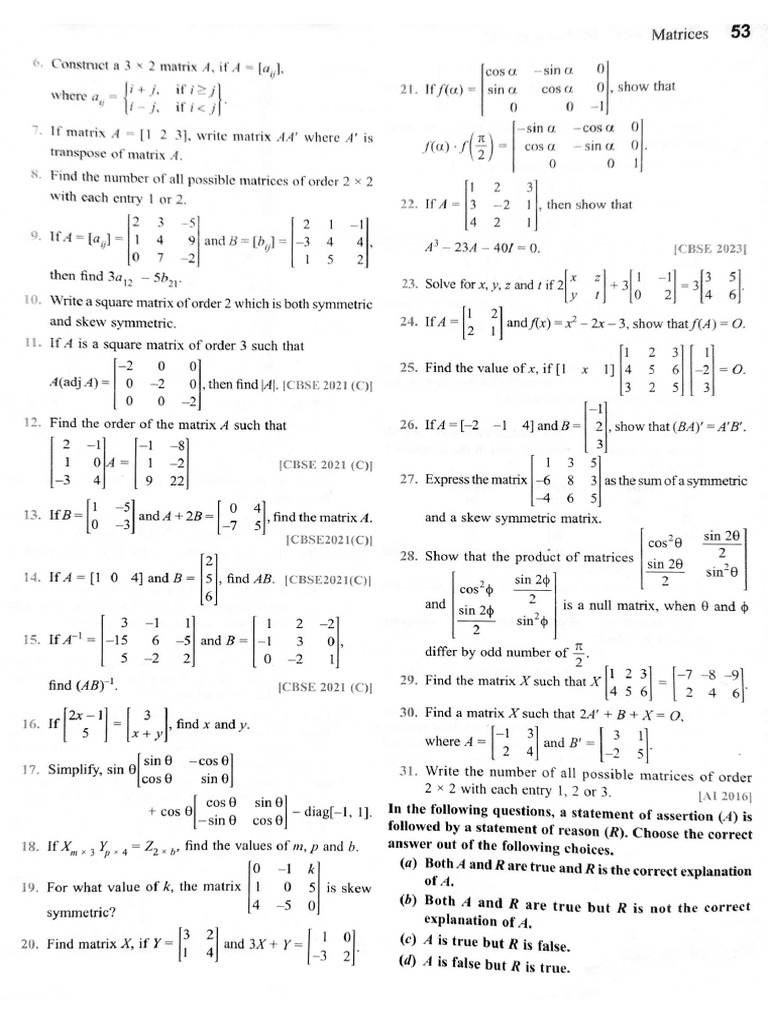 Mathematics Holidays Assignment (Class 12th) Chapter - 3 | PDF