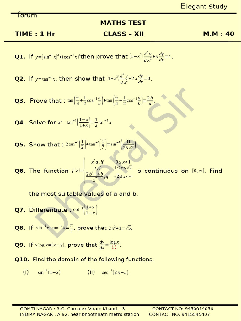(23-5-25) Class - Xii (Diff., Itf, Continuity) | PDF