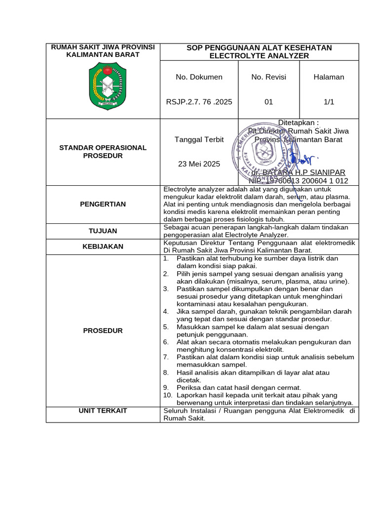 Spo Penggunaan Electrolyte Analyzer | PDF