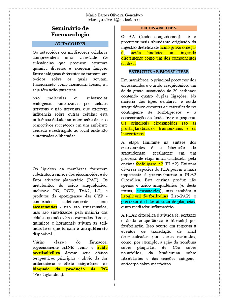 Síntese Dos Autacoides e Suas Funções | PDF | Prostaglandina | Anti ...