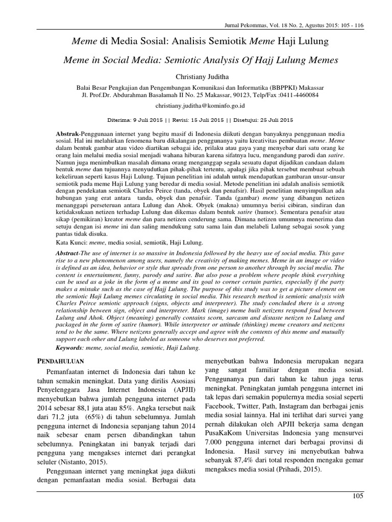 Meme Di Media Sosial Analisis Semiotik Meme Haji Lulung | PDF