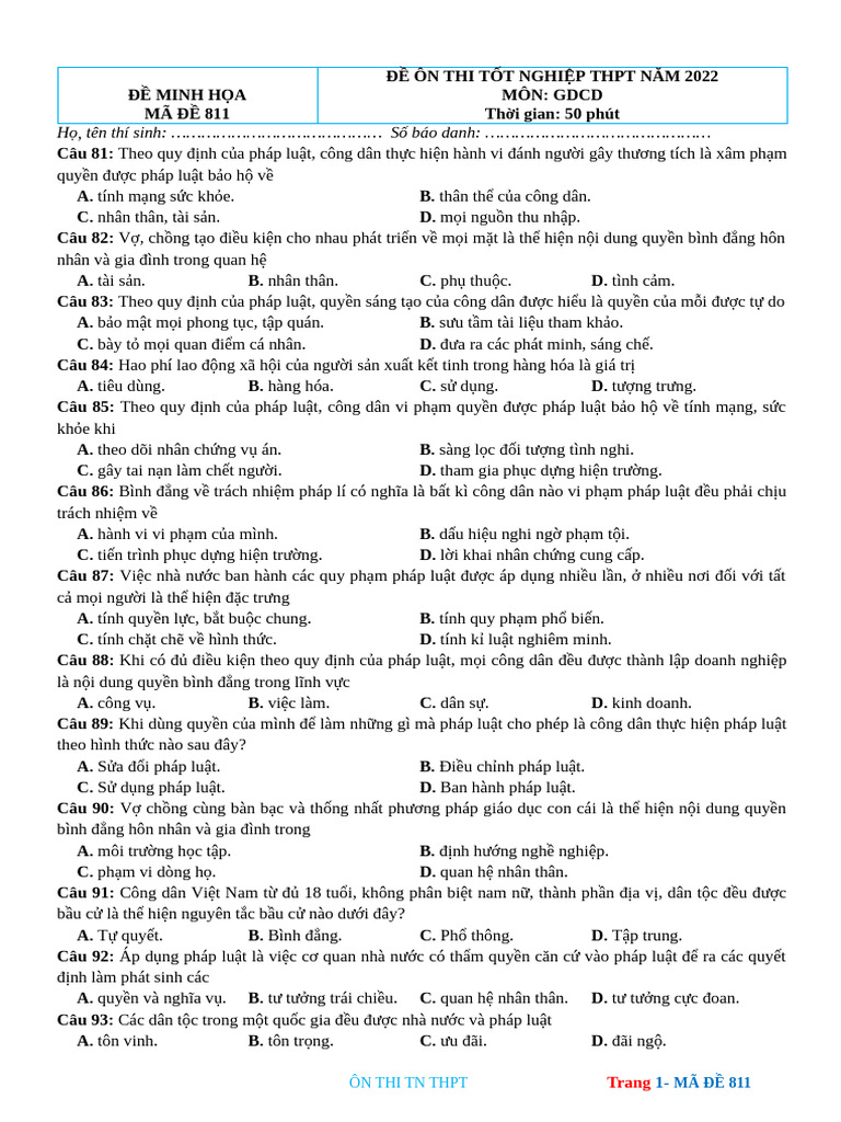 14 de On Thi TN THPT 2022 GDCD | PDF