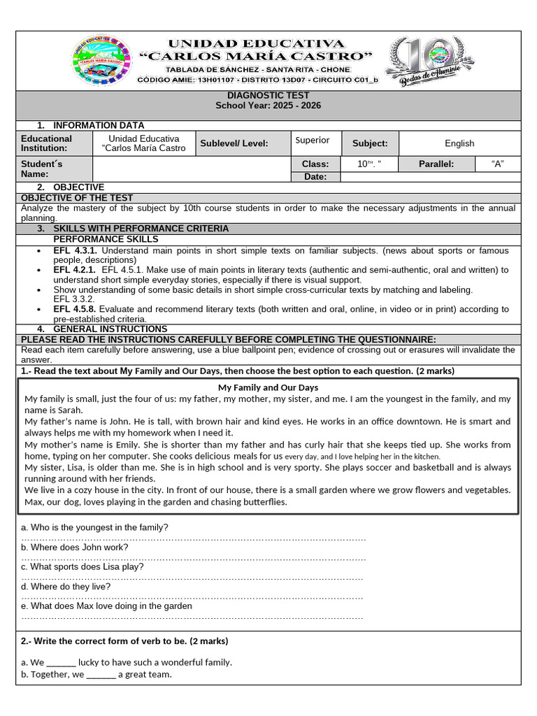 10th Grade English Diagnostic Test | PDF | Linguistics