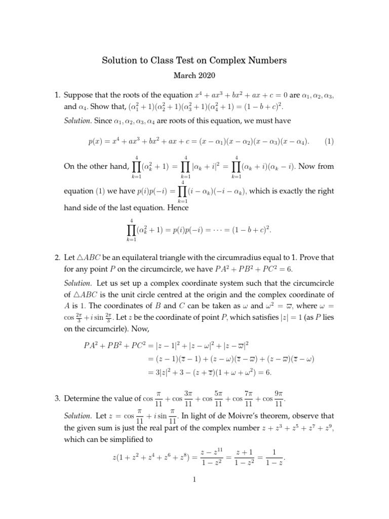 Complex Numbers Test 2020 Solutions | PDF | Mathematical Analysis ...