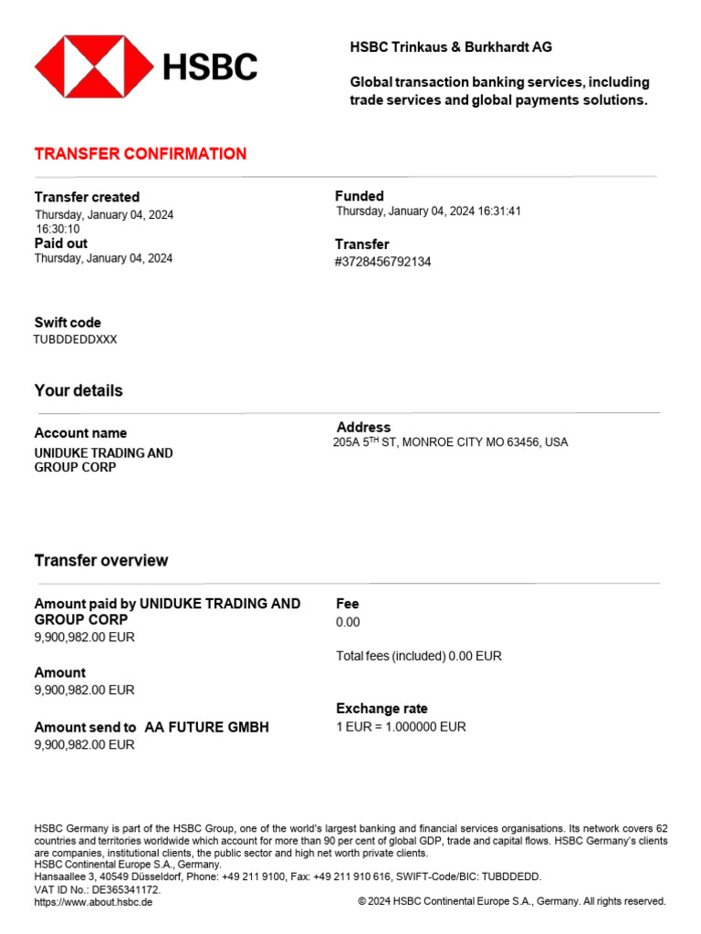 HSBC Germany SWIFT MT103 Transfer | PDF | Banking | Economies