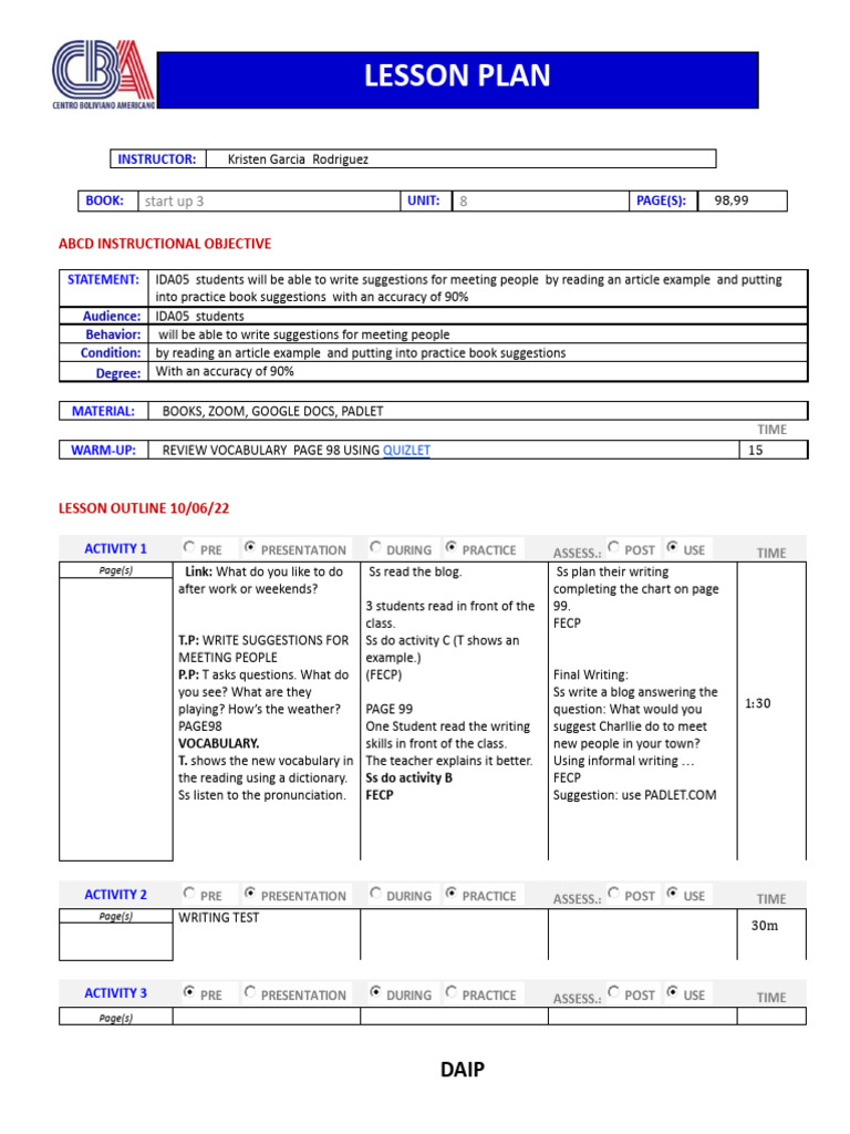 Ida05 Start Up 3 - Lesson Plan | PDF | Lesson Plan | Applied Linguistics