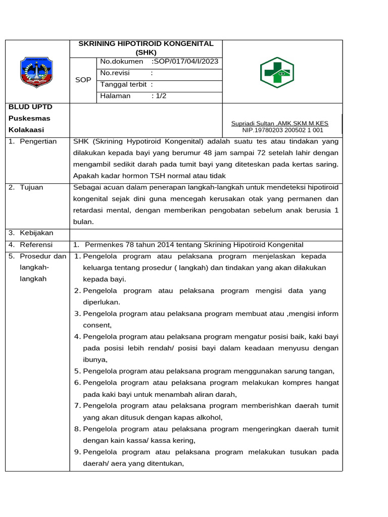 Sop Skrining Hipotiroid Kongenital | PDF