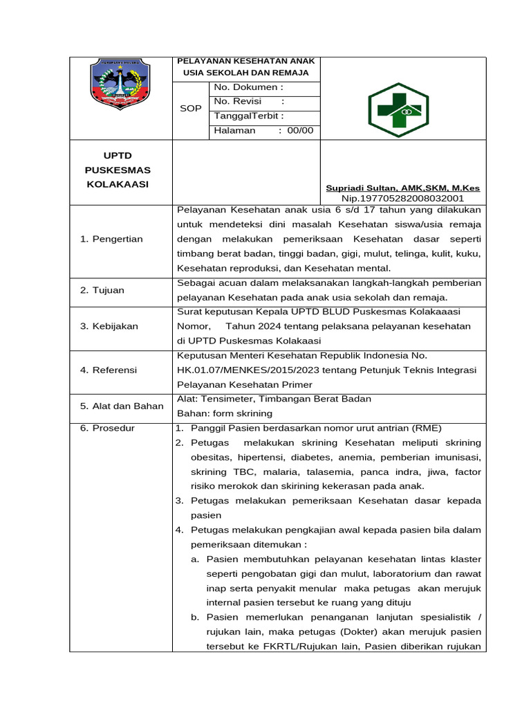 Sop Pelayanan Kesehatan Anak Usia Sekolah Dan Remaja | PDF