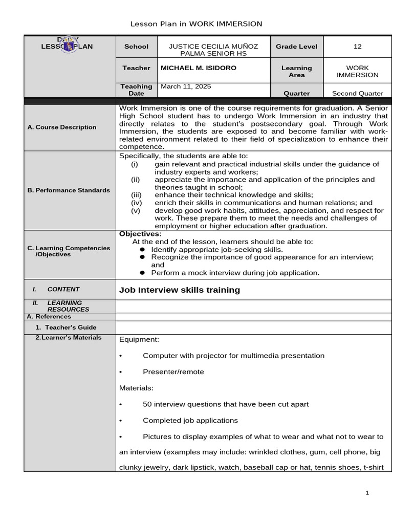 Lesson Plan in WORK IMMERSION - For Demo Teaching | PDF | Lesson Plan ...