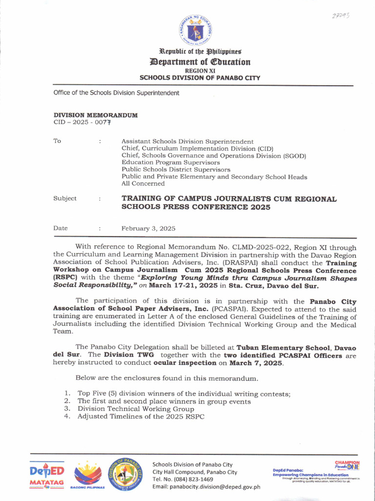 DM CID 2025 0077 Training of Campus Journalists Cum Regional Schools ...