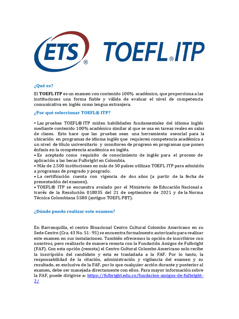 Examen TOEFL ITP 2025: Guía y Fechas | PDF | Prueba de Inglés como ...