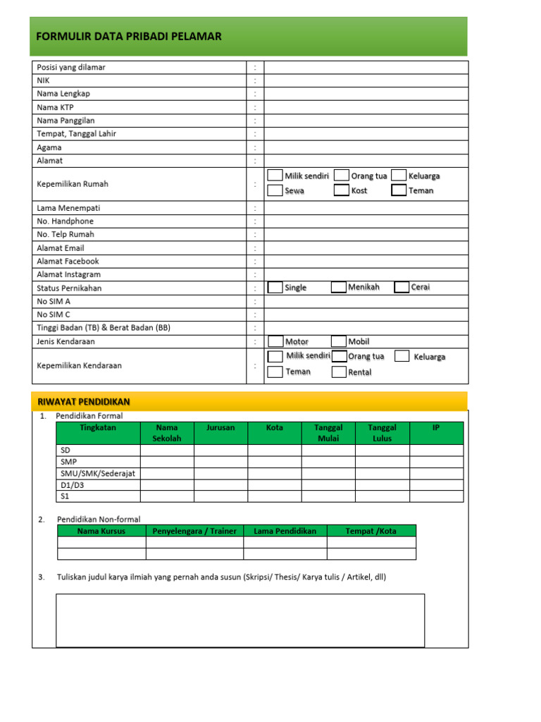 Form Data Pelamar | PDF