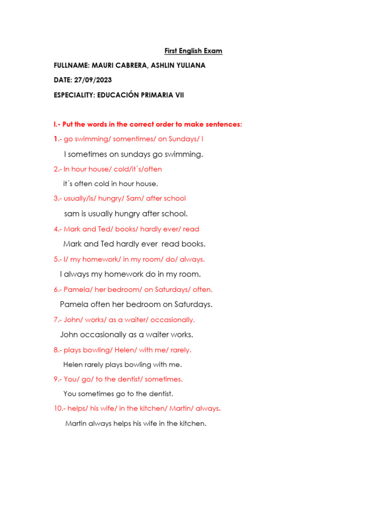 English Exam: Adverbs of Frequency | PDF