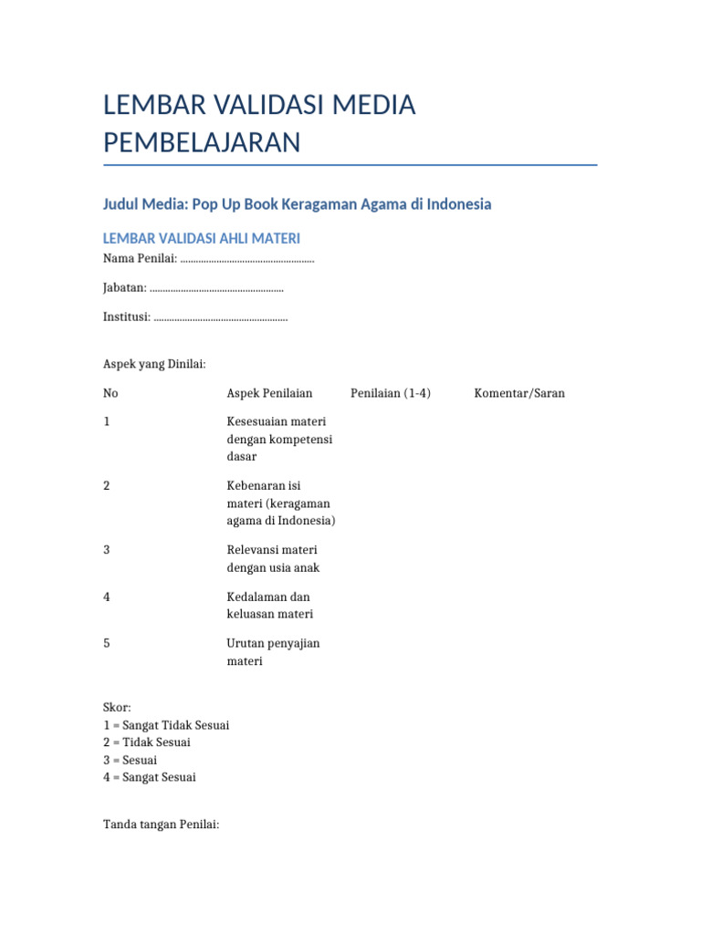 Lembar Validasi Pop Up Book Keragaman Agama | PDF