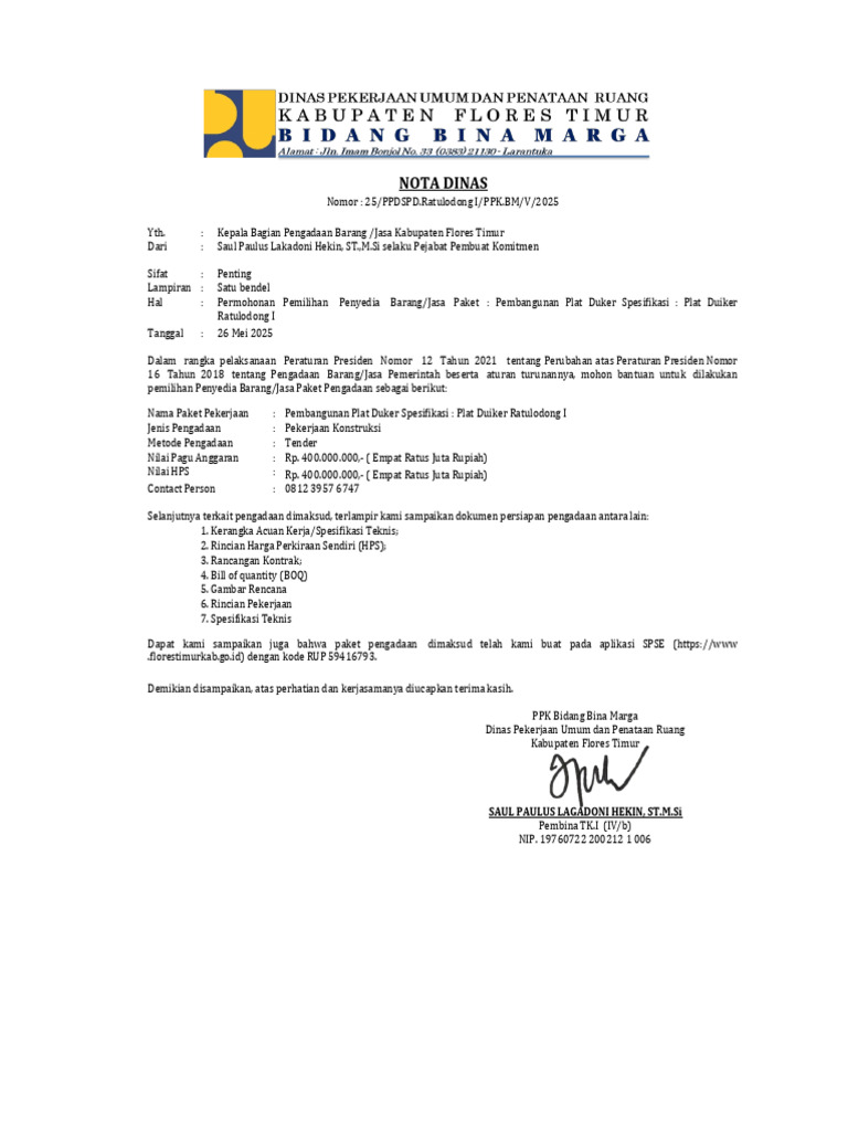 Nota Dinas Plat Duiker Ratulodong 1 | PDF