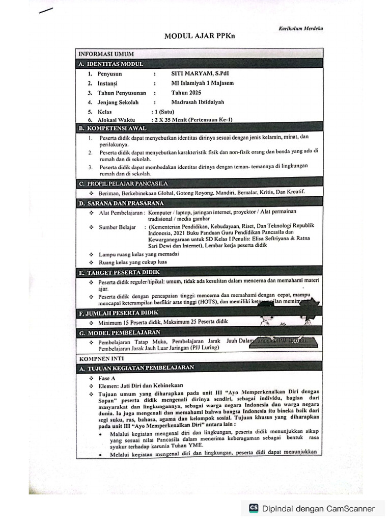 Modul Ajar PKN Kls 1 | PDF
