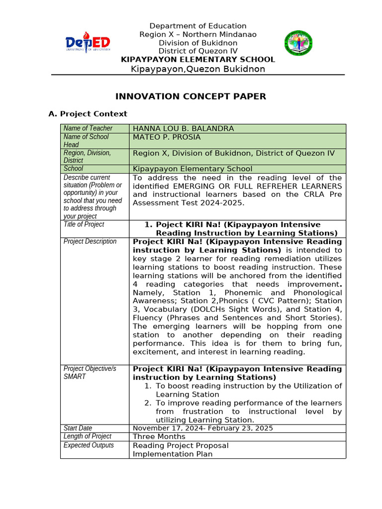 Innovation Concept Paper Grade 2 | PDF | Pedagogy | Learning